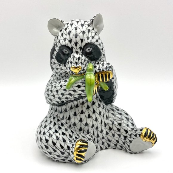 Art | Herend Porcelain Panda Eating Bamboo Figurine 15348 Black Fishnet ...